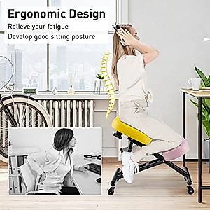 Giantex Height Adjustable Kneeling Chair - Seat Height from 20.5” to 26.5”, Adjustable Stool with Smooth Wheels, Foam Padded Cushions, Ergonomic Kneeling Chair for Office, Home, Yellow/Pink