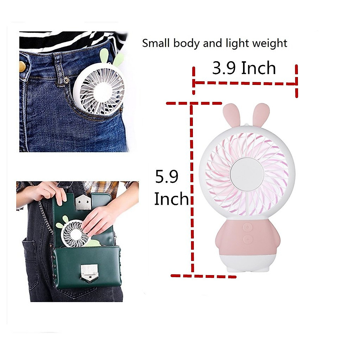 Alibuy Mini Handheld Table Fan USB Rechargeable Quiet Desk Fans,Battery Operated 2 Speeds with LED Colorful Lights for Hot Summer (Pink)