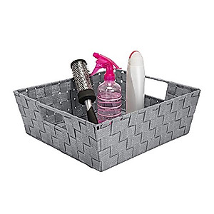 Simplify Striped Woven Basket for Storage with Handles, Nursery, Playroom, Toys, Bedroom, Closet, Clothes, Office, Decorative Lurex Totes, Large Shelf, Grey/Silver