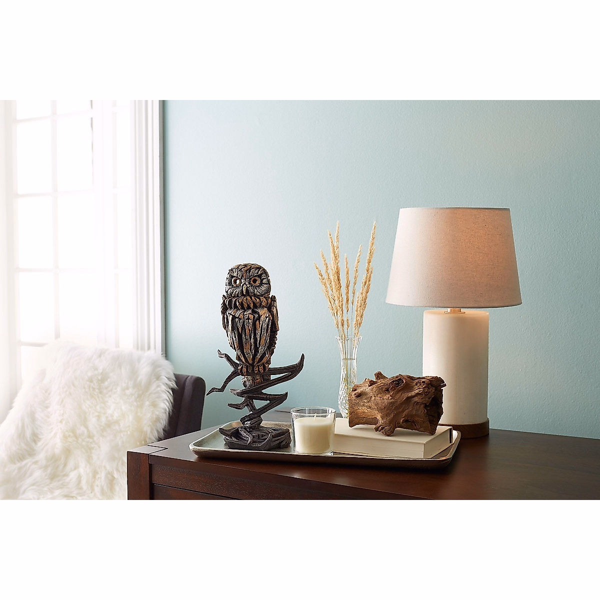 Enesco Edge Sculpture Owl Perched on Branch Animal Figurine, 12.75 Inch, Brown and White