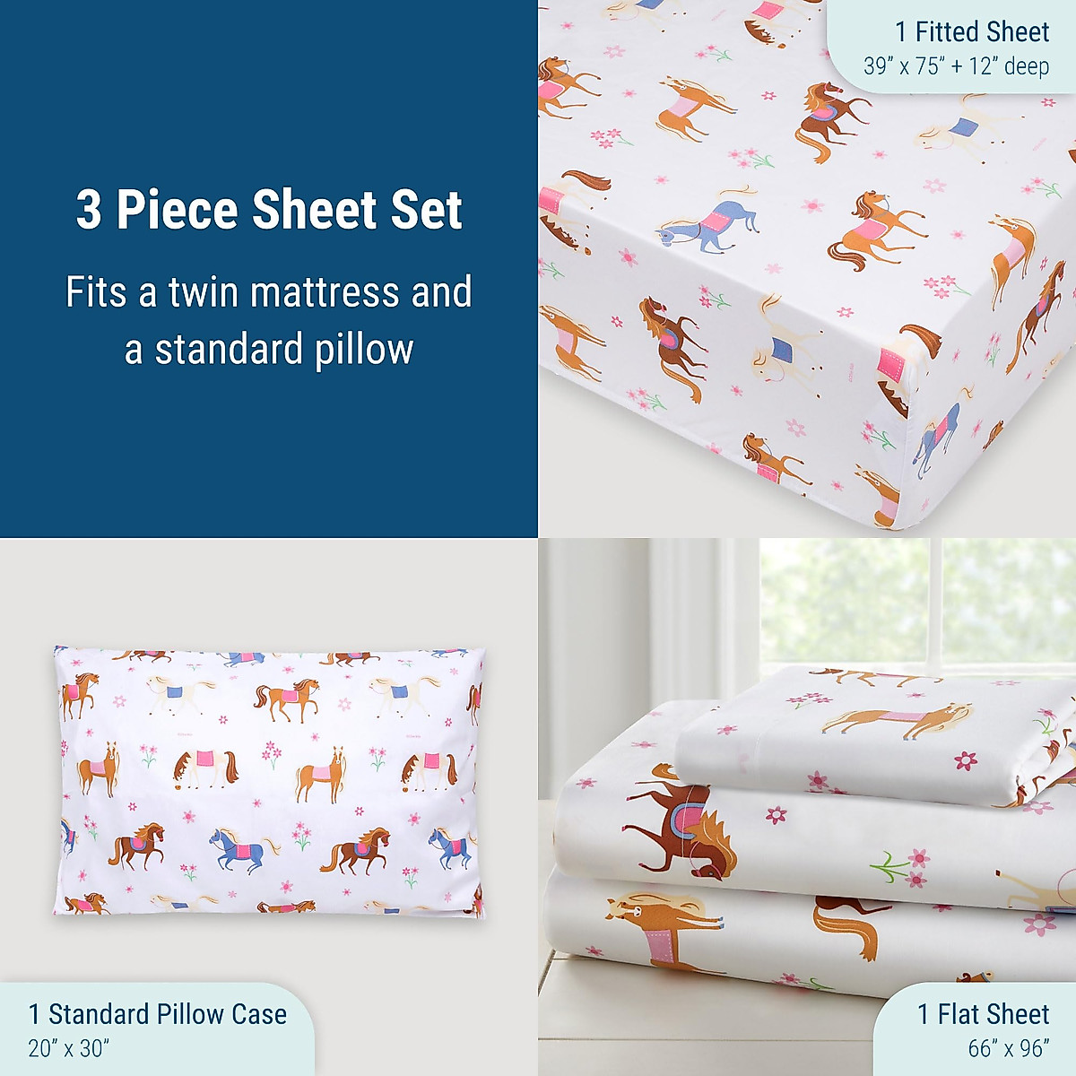 Wildkin Kids Microfiber Twin Sheet Set for Boys and Girls, Bedding Sheet Set Includes Top Sheet, Fitted Sheet, and One Standard Pillow Case (Horses)