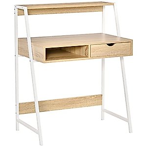 HOMCOM Home Office Desk, Computer Desk for Small Spaces, Writing Table with Drawer and Storage Shelves, Natural