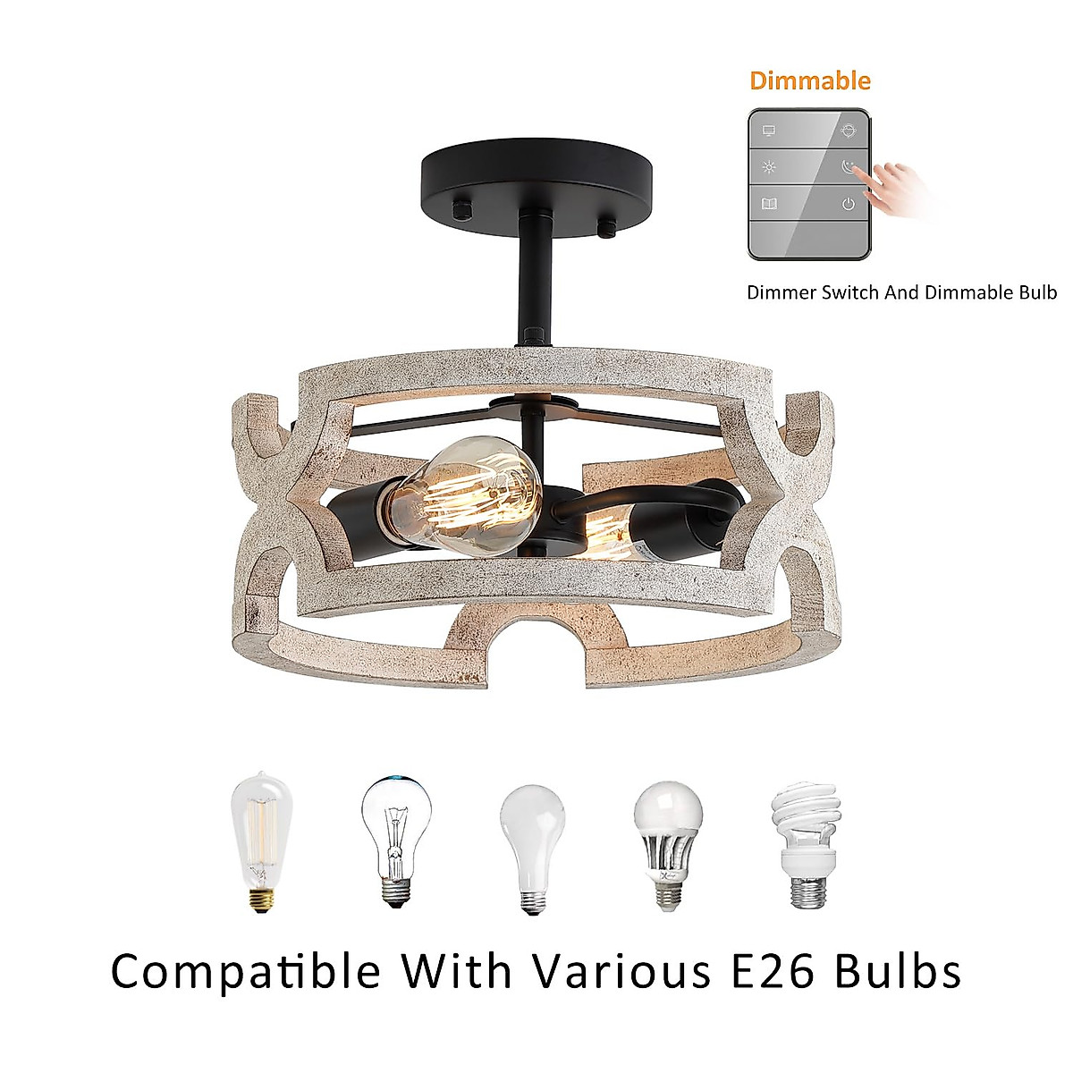 9MMML Flush Mount Ceiling Light, Wood Drum 2 Lights Ceiling Light Fixtures, Rustic Farmhouse Ceiling Lamp for Entryway Hallway Bedroom,E26