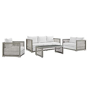 Modway Aura Outdoor Patio Wicker RattanSofa, Loveseat, Armchair and Coffee Table in Gray White