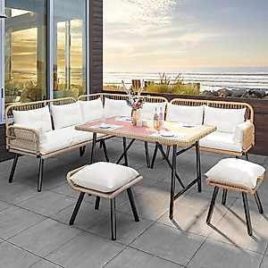 YITAHOME 6-Piece Patio Wicker L-Shaped Furniture Set, All-Weather Rattan Outdoor Conversation Sofa Set for Backyard Deck with Soft Cushions,Ottomans and Plastic Wood Dining Table (Light Brown+Beige)