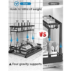 Iperlife 2 Tier Under Sink Organizers and Storage for Kitchen Pull Out Cabinet Basket Organizer with 4 Hooks, Multi-Purpose Metal Storage Shelf Rack for Bathroom Living Room Bedroom