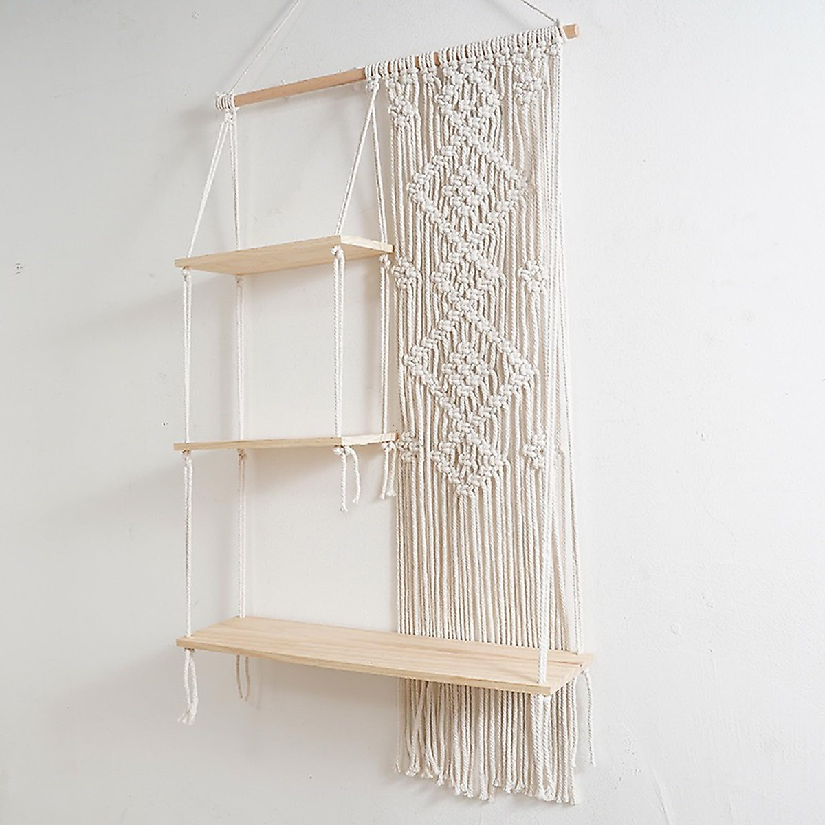 MIATTCLD Macrame Wall Hanging Shelf Boho Wood Floating Storage Shelf, 3 Tier Display Shelving for Hanging Plants Photos, Rustic Wall Decor with Tassel and Woven Rope for Home Bedroom Living Room