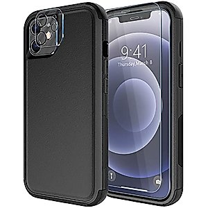 Diverbox for iPhone 12 case [Shockproof] [Dropproof] [Tempered Glass Screen Protector],Heavy Duty Protection Phone Case Cover for Apple iPhone 12 (12-Black-3in1)