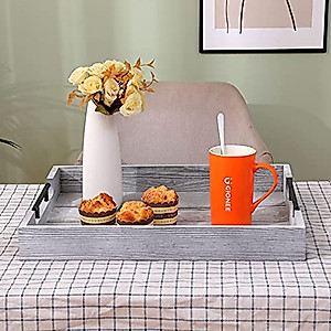 LONGNENG Wood Serving Tray Rectangle Gray Tray with Handles,Decorative Trays,Rustic Ottoman Tray for Living Room with Two Iron Handles