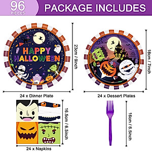 Fesciory 96 Pcs Halloween Party Plates and Napkins Forks Supplies, Disposable Paper Dessert Tableware Happy Birthday Halloween Decorations Favors Set, Serves 24 Guests