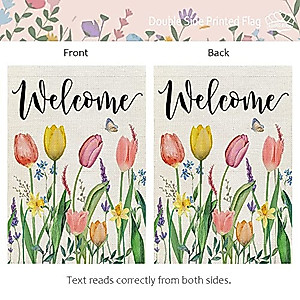 CROWNED BEAUTY Spring Garden Flag Floral 12x18 Inch Double Sided for Outside Tulips Welcome Burlap Small Yard Holiday Decoration CF743-12