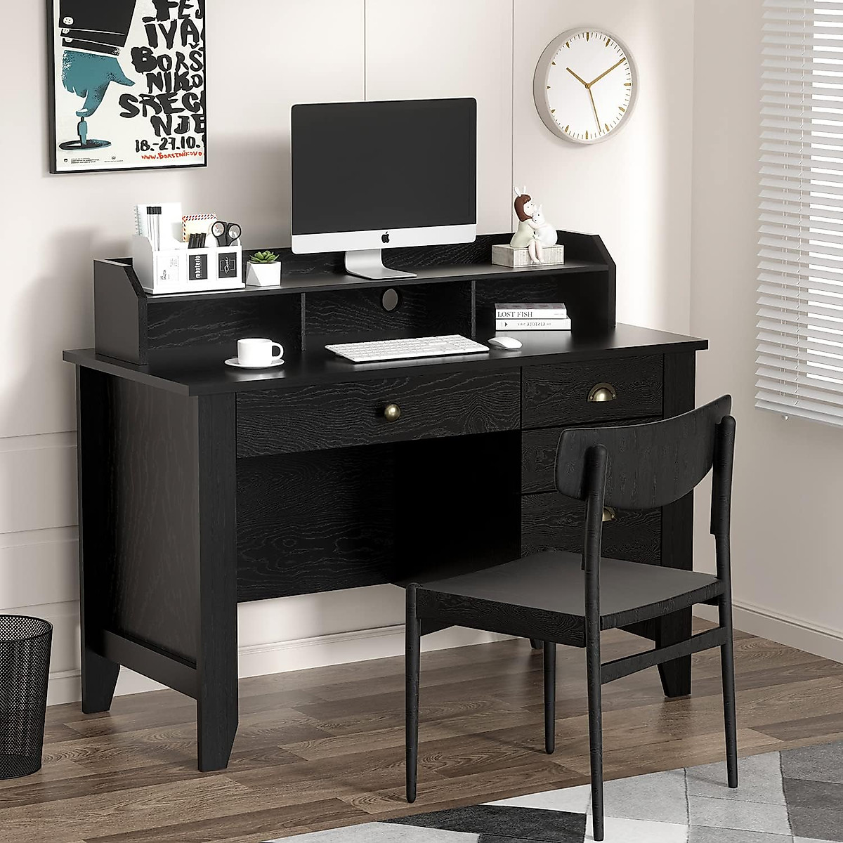 HOMBCK Computer Desk with Drawers, Office Desk with Drawers Executive Desks with Storage Shelf Writing Desk with File Drawers for Teen Student Home Office Laptop Desk,Matte Black