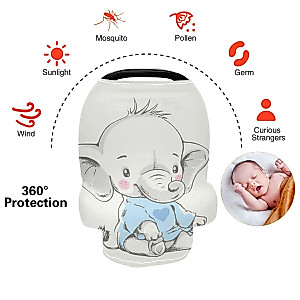 MNSRUU Baby Car Seat Covers Canopy Cover Blue Boy Elephant Baby Infant Stroller Cover Full Coverage Carseat Canopy Breathable Nursing Cover for Breastfeeding