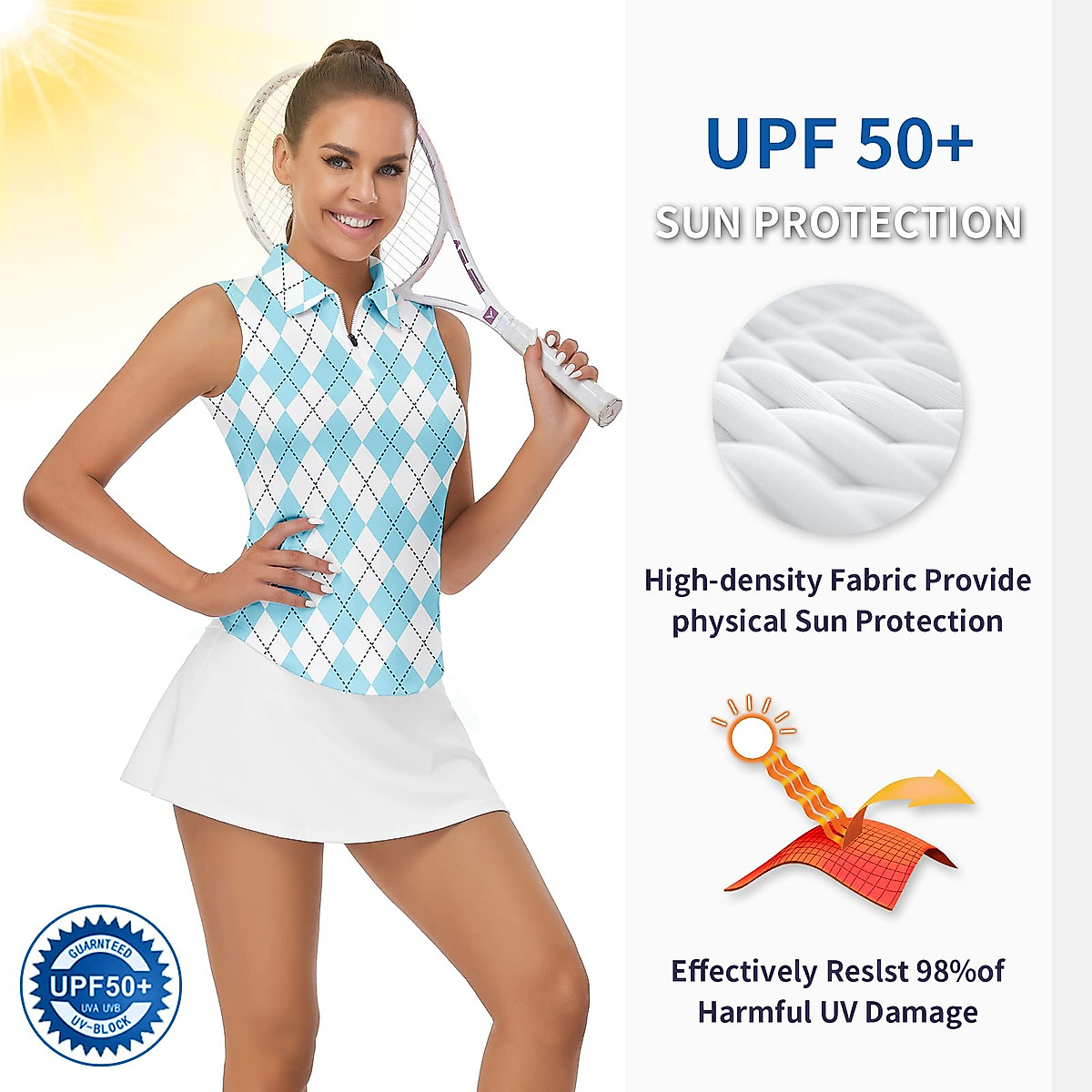 Womens Sleeveless Blue Golf Shirt Printed Polo Tennis Shirts Moisture Wicking Athletic Sport Golf Tanks for Women