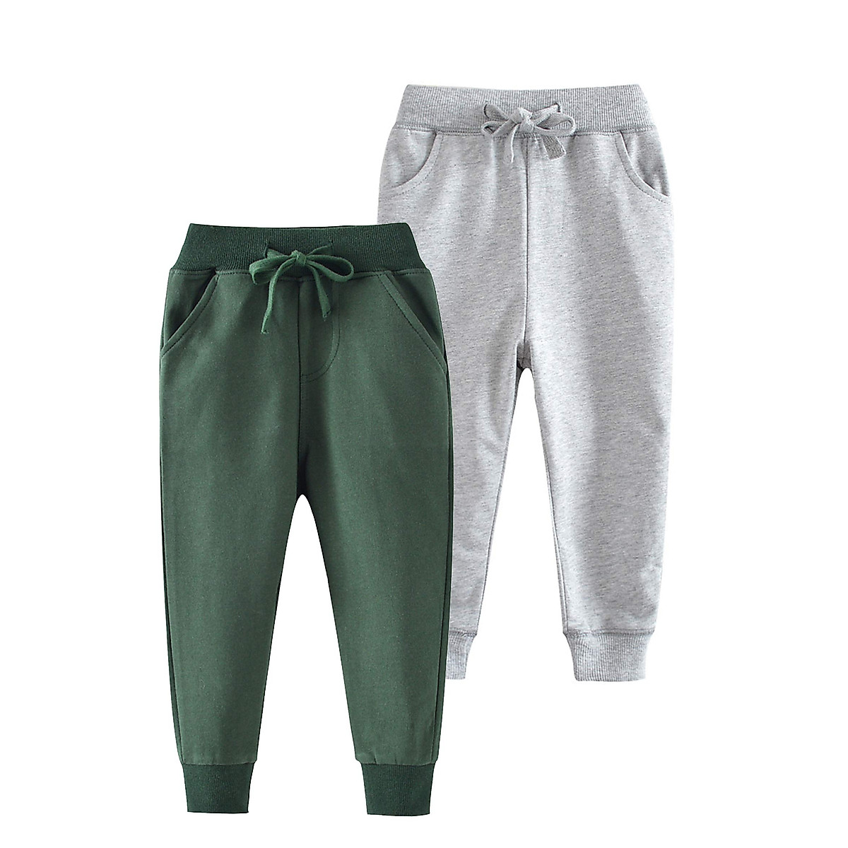 HUAER& Baby Boy's Jogger Pants Dinosaur Car Animal Print Drawstring Elastic Sweatpants (1-Pack 2-Pack) (Dark Green + Light Gray, 4T)