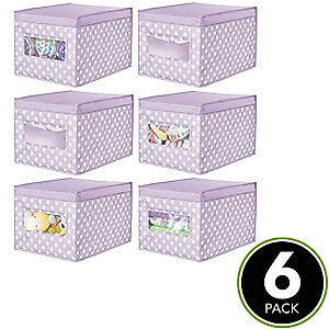 mDesign Large Soft Stackable Fabric Baby Nursery Storage Organizer Holder Bin Box with Front Window and Lid for Child/Kids Bedroom, Playroom, Classroom - 6 Pack, Light Wisteria Purple/White Polka Dot