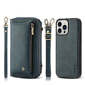 nincyee Multifunction Clutch Bag Case for iPhone 13 Pro Max,Large Capacity Leather Wallet Crossbody Case,Zipper Pocket Card Slot Case with Shoulder Strap Blue