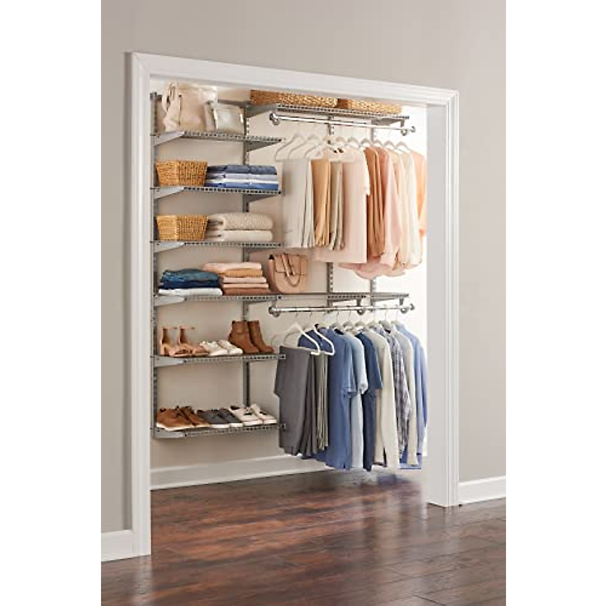 Rubbermaid Configurations Deluxe Custom Closet Kit, 3-6 Ft. Adjustable Metal Wire Shelving, Titanium Finish, Expandable Organization System, Hardware Included, for Home Closet/Pantry/Laundry/Mudroom