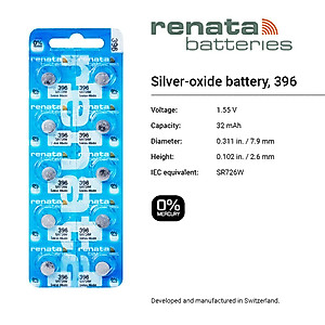 Renata 396 SR726W Batteries - 1.55V Silver Oxide 396 Watch Battery (2 Count)
