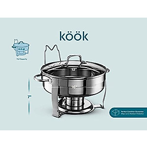 Kook Stainless Steel Chafing Dish Buffet Set, with Glass Viewing Lid and Built-In Lid Holder, Round Food Warming Tray, For Parties, Dinners and Catering, 4.5 Qt