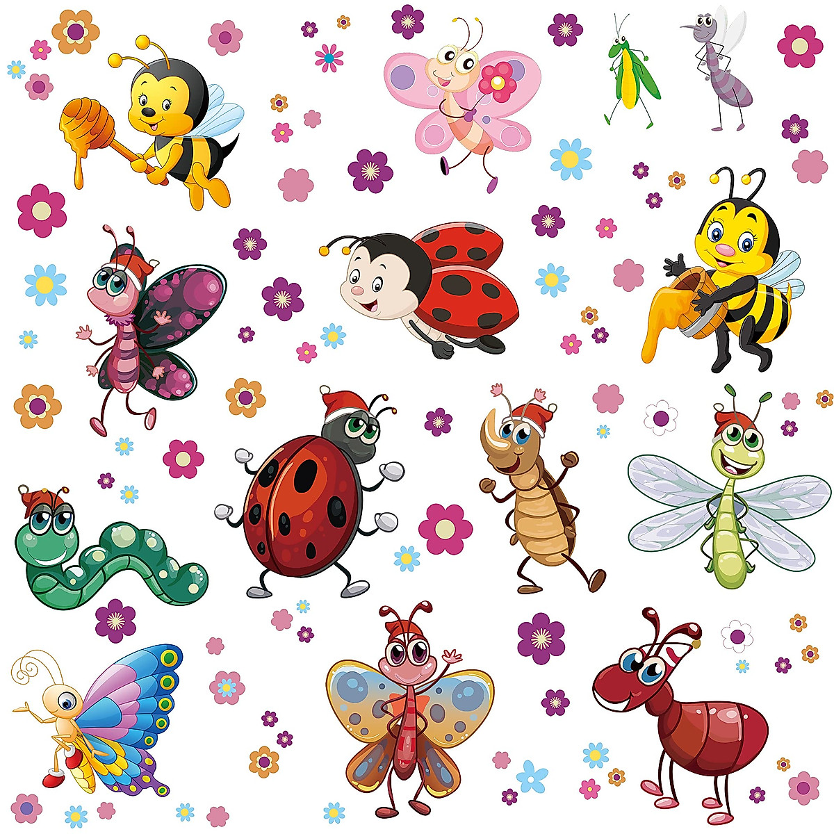 Cartoon Insect Wall Sticker DIY Removable Little Bee Flower Butterfly Ant Snake Ladybug Dragonfly Praying Mantis Peel and Stick Wall Decal Decor for Kids Baby Boys Bedroom Playroom Nursery Classroom