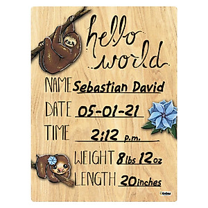 Cohas Hello World Newborn Baby Announcement Printed Wood Sign with Blue Sloth Theme, 5 by 7 Inches, Black Marker