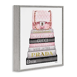 Stupell Industries Watercolor High Fashion Bookstack Padded Pink Bag, Design by Amanda Greenwood Wall Art, 17 x 17, Gray Framed