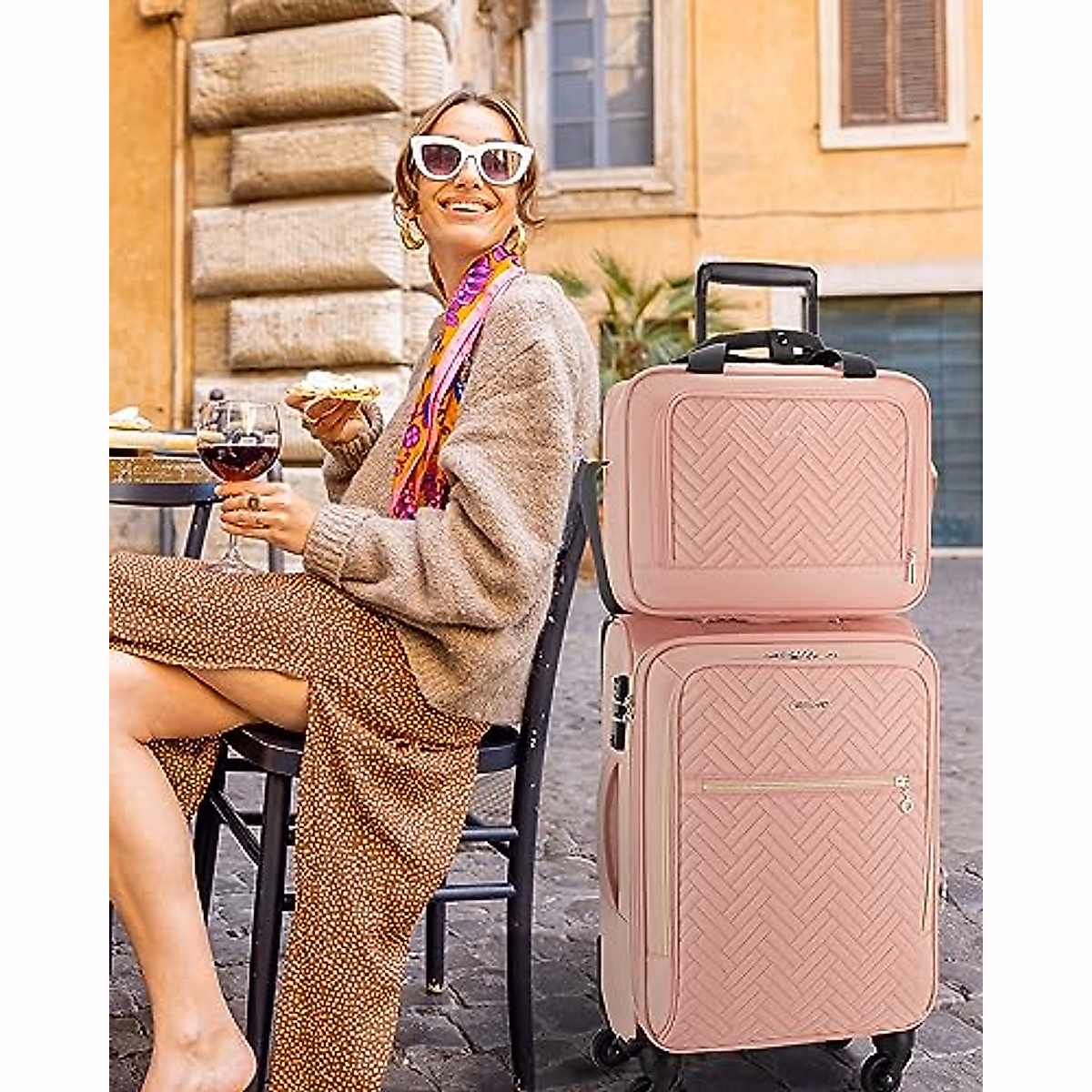 BAGSMART Carry On Luggage 20 Inch, Expandable Suitcase, 2 Piece Luggage Sets Luggage Airline Approved Rolling Softside Lightweight Suitcases with Front Pocket for Women Men, Carry-On Pink