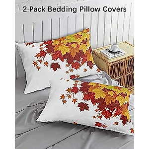 Edwiinsa Fallen Leaf Pillow Covers Standard Size Set of 2 Bed Pillow, Rustic Autumn Orange Ombre Maple Leaves Plush Soft Comfort for Hair/Skin Cooling Pillowcases with Envelop Closure 20''x26''