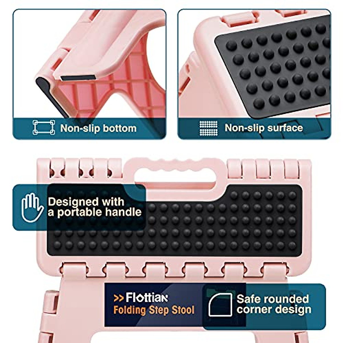 Flottian 9" Folding Step Stool for Adults and Kids Holds Up to 300 lbs,Non-Slip Folding Stools with Portable Handle, Compact Plastic Foldable Step Stool for Bathroom,Bedroom, Kitchen Sakura Pink