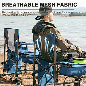 EVER ADVANCED Fishing Chair with Rod Holder and Cooler, All Terrain Ice Fishing Chair with Adjustable Feet, Mesh Back Folding Camping Chair with Shoulder Strap, Heavy Duty Supports 350LBS