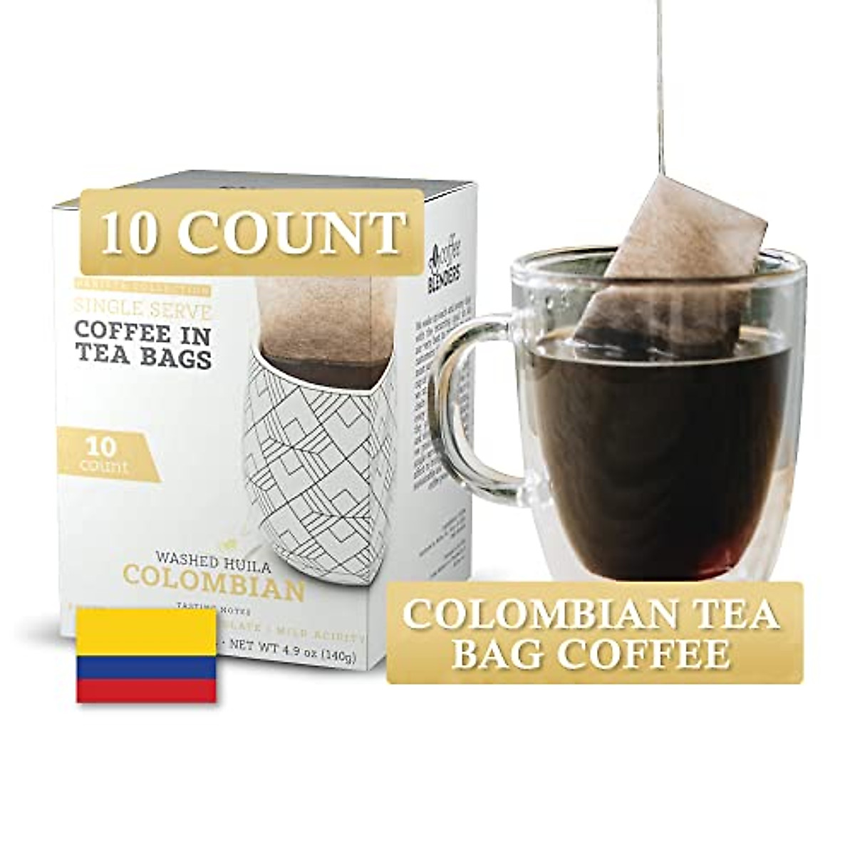 Coffee Blenders Tea Bag Coffee - Colombian Flavor 10 Count Single Serve Instant Coffee, Portable Drip T-Bag Packets, Convenient Fast Fresh Simple