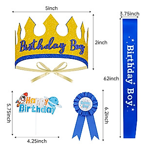 Aprince Birthday Boy Crown Hat Gold, Birthday Sash and Button Pins, Cake Topper Party Decorations Set for Birthday Boys Kids