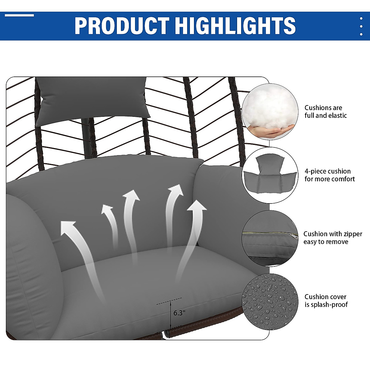 ALAULM Egg Swing Chair Outdoor Indoor Wicker Rattan Hanging Chair with Stand 350lbs Capacity w/Strong Frame & Grey Cushions for Patio Balcony Bedroom