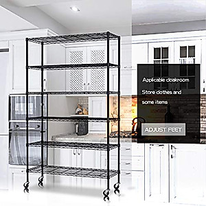 HCB 6-Tier Storage Shelf Heavy Duty Wire Shelving Unit 82"x48"x18" Height Adjustable Metal Steel Wire with Casters for Restaurant Garage Pantry Kitchen Rack (Black)