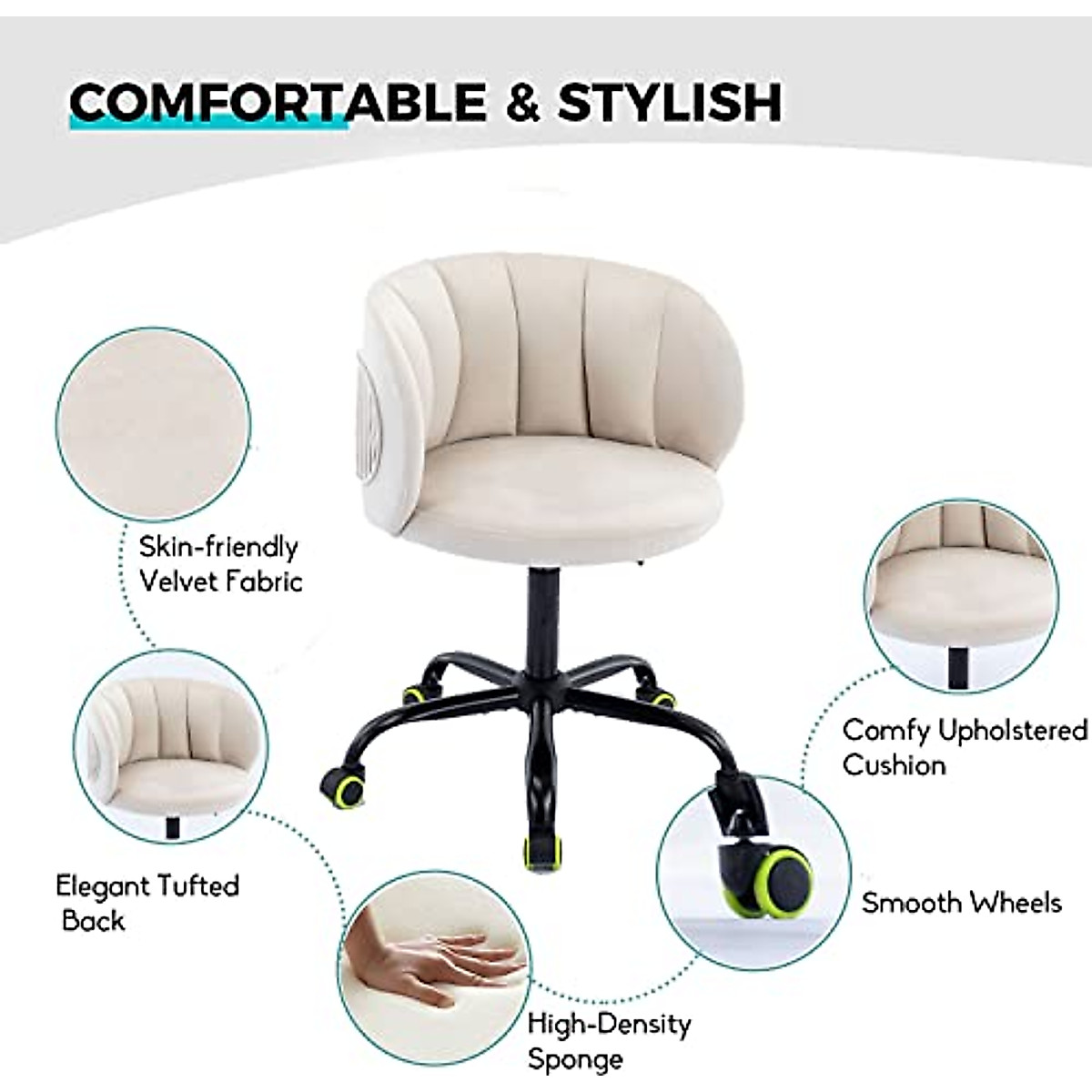 SSLine Elegant Velvet Desk Chair for Girls Women Modern Swivel Office Computer Chair with Black Base Wheels Upholstered Cute Vanity Chair Task Chair w/Tufted Back for Home Study Living Room(Beige)