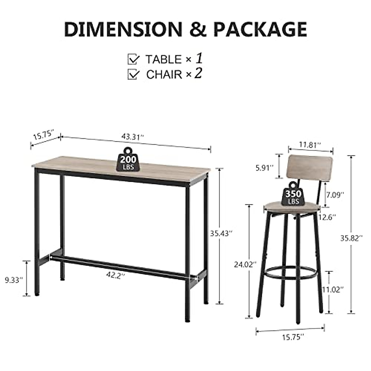 Sweiko Industrial Bar Table and Chair Set for 2 Counter Height Table and Stools with Backrest Rectangular Dining Table Set of 3 with PU Seat Chairs for Breakfast Nook Restaurant Apartment Grey