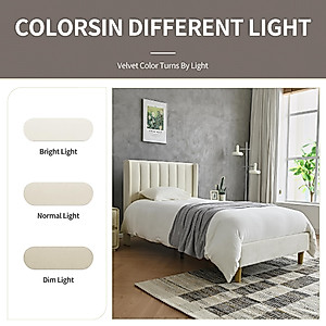 YUHUASHI upholstered Platform Bed Frame/Twin Bed Frame/Modern Geometric Double-Wing Design headboard/Velvet Fabric/Easy to Assemble no Noise (Cream, Twin)