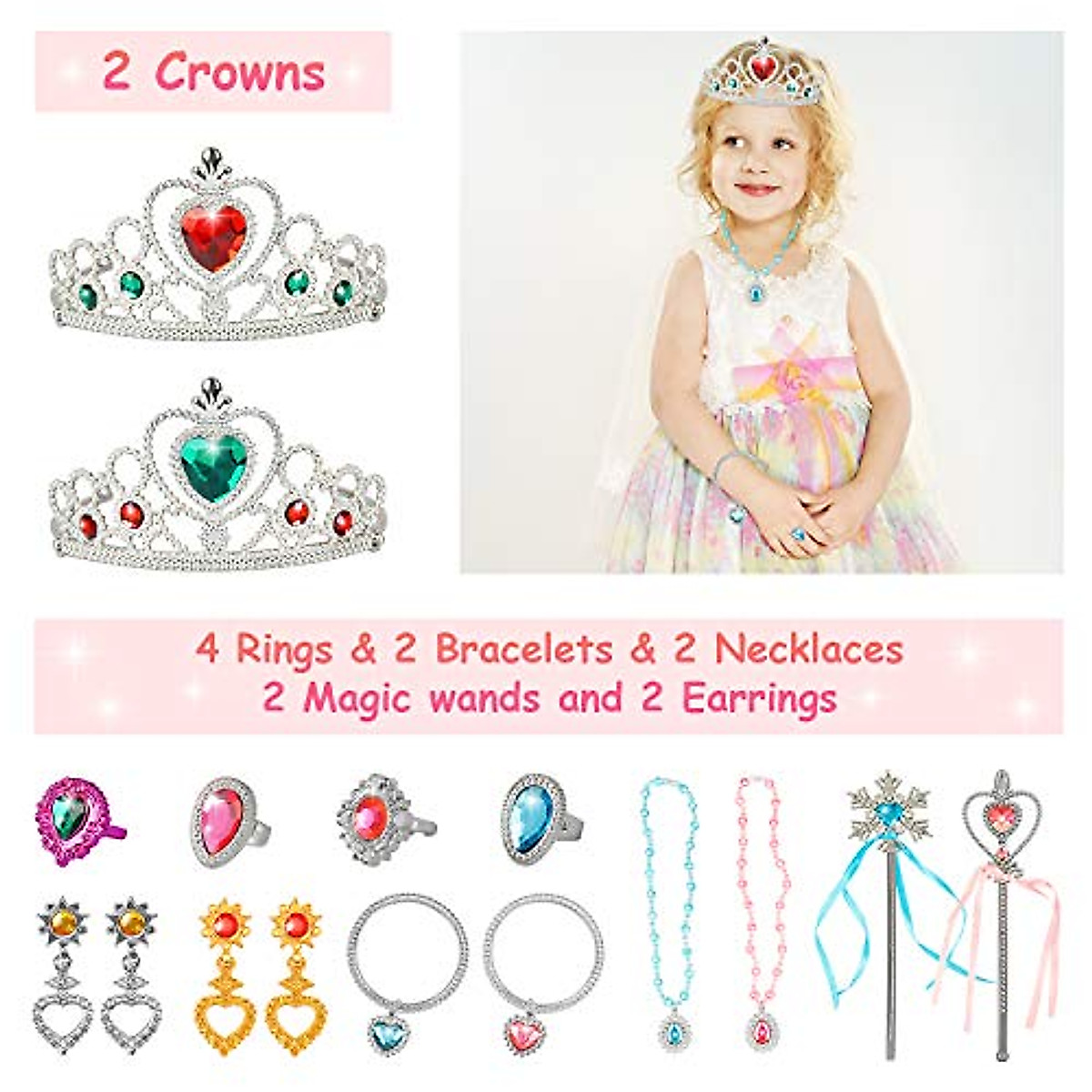 Princess Jewelry Boutique Dress Up and Elegant Shoe(4 Pairs of Girls Heels Shoes),Role Play Fashion Accessories of Crowns, Necklaces, Bracelets, Rings,Girls Beauty Gift Toys for Age 2 3 4 5 6 Year Old