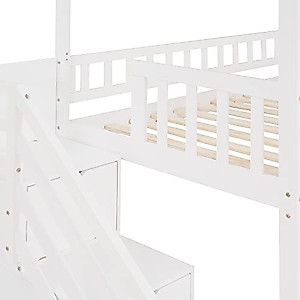 Harper & Bright Designs House Bed Loft Bed with Slide, Twin Loft Bed with Stairs and Storage, Wood Loft Bed Frame for Kids & Girls & Boys (White)