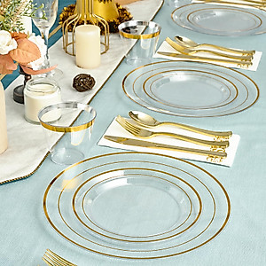 FOCUSLINE 350 Clear Gold Dinnerware Set for 50 Guests, Clear Plastic Plates with Gold Rim Disposable Heavy Duty, Including 50 Dinner Plates, 50 Dessert Plates, 50 Napkins, 50 Cups, 50 Silverware Set