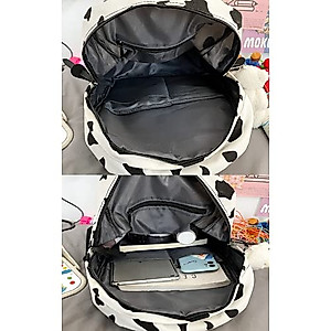 Kawaii fluffy plush fuzzy cute aesthetic cow backpack teenage school gift for birthday Christmas (white)