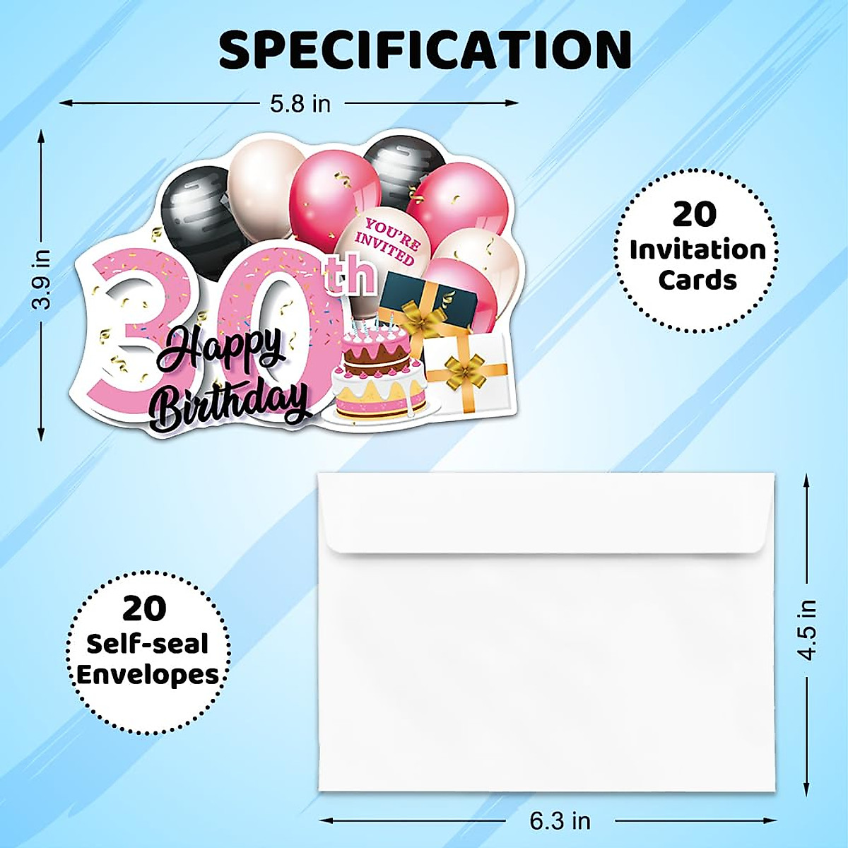 ERHACHAIJIA 20 PCS Pink & Black Golden Balloons & Cake Shaped Fill-In Invitations Cards With Envelopes, Funny 30th Happy Birthday Party 30 Year Old Birthday Invites For Women Lady Wife Mom Adults