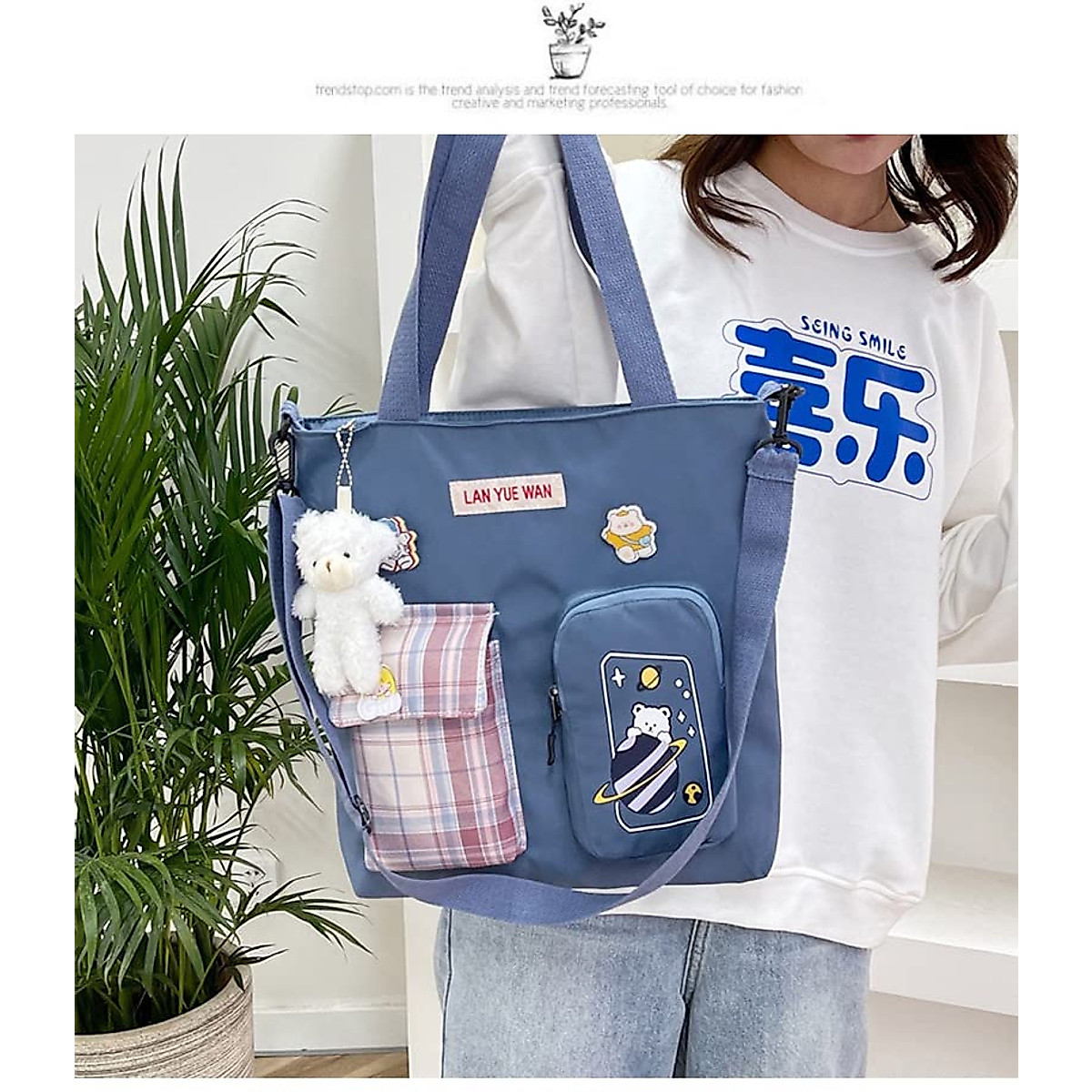 Kawaii Japanese School Bag Aesthetic Cute Ita Bags Crossbody Preppy Tote Bag Kawaii Backpack Purse Korean Stationary (Blue, One Size)