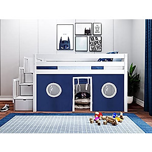 JACKPOT! Contemporary Low Loft Bed with Stairway, Twin, White with Blue & White Tent