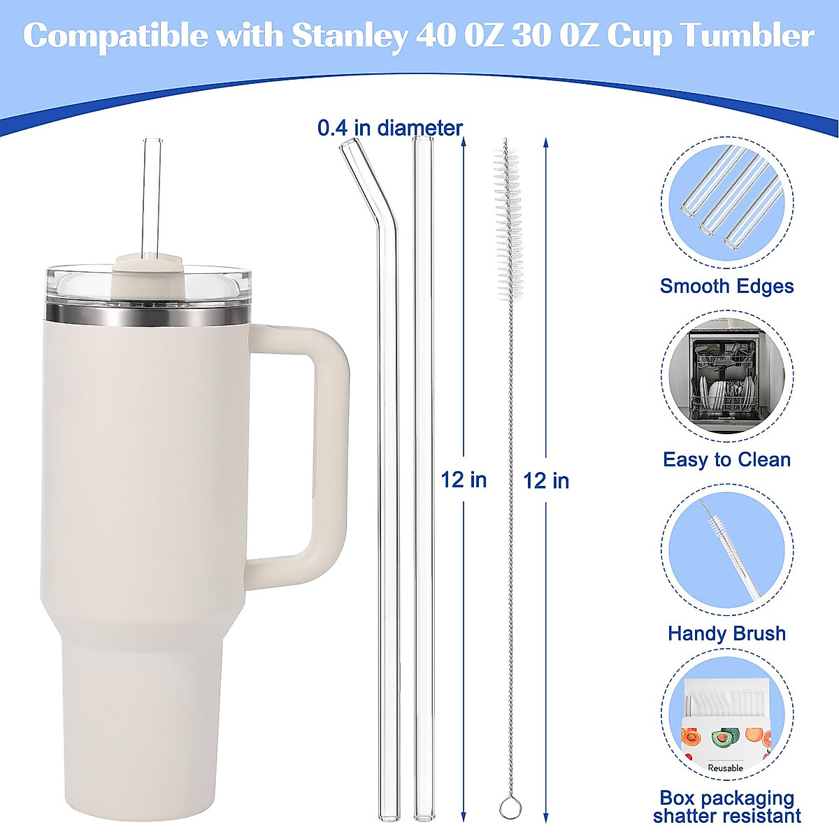[12 Pcs] Replacement Glass Straws for Stanley - Compatible with Stanley 40 oz 30 oz Cup Tumbler,12" x 10mm Reusable Clear Glass Straw with 2 Cleaning Brush for Stanley Cup Accessories