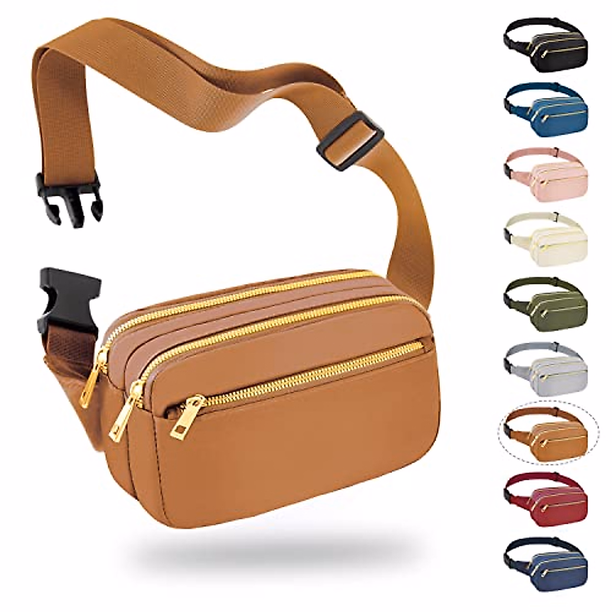 FIORETTO Fanny Packs for Women Men Fashion Crossbody Belt Bag with 3 Zipped Pocket Adjustable Small Waist Pouch Bum Bag for Dog Walking Running Hiking Travel Workout Brown