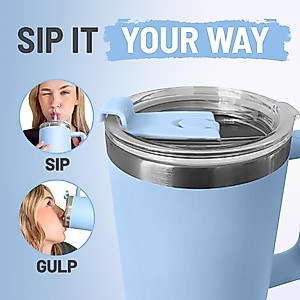 Crave Cups 40oz Tumbler with Lid and Straw l Reusable Spill Proof Double Wall Insulated Stainless Steel Water Bottle Travel Mug l Cupholder Friendly Vacuum Sealed Tumbler with Handle (Chambray)