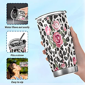 Yasala Tumbler Leopard Print Pink Rose Insulated Coffee Cup Beverage Container Travel Mug with Straw and Lid Double Wall Stainless Steel 20oz BPA-Free for Sport, Back to School