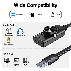 USB Sound Card Adapter BENGOO 7.1 Channel External Audio Adapter Stereo Sound Card Converter 3.5mm AUX Microphone Jack for Gaming Headset Earphone PS4 Laptop Desktop Windows Mac OS Linux, Plug Play
